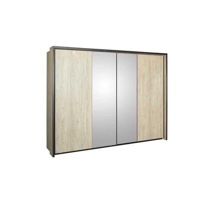 Armoire 2 portes coulissantes 280 cm Chêne + LEDs - LOPEL : Bois clair ...