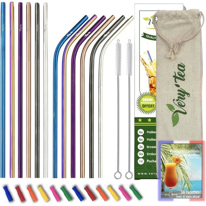 12 Pailles Inox [Multicolore - Normes Nf] + 12 Embouts Silicone + Ebook ...