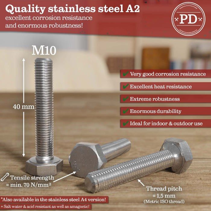 Vis Tete Hexagonale M10 X 40 Mm (Din 933 / Iso 4017) | Vis Boulon En Acier Inoxydable A2 V2A ...