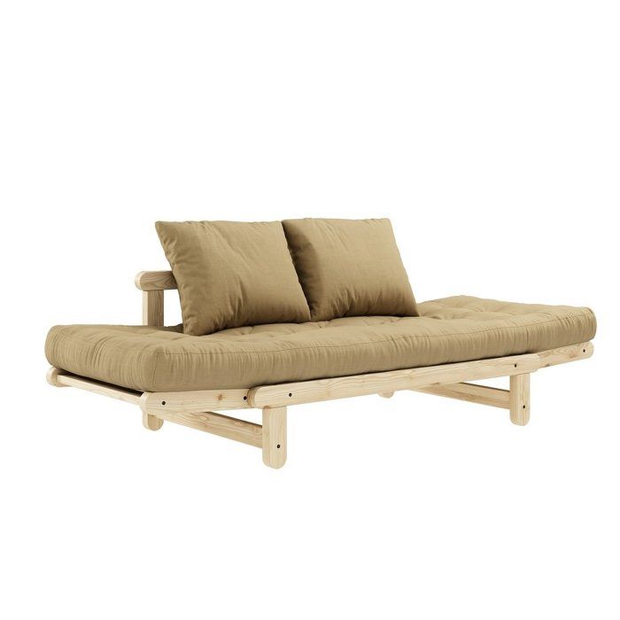 Banquette méridienne futon BEAT pin naturel tissu coloris beige blé ...