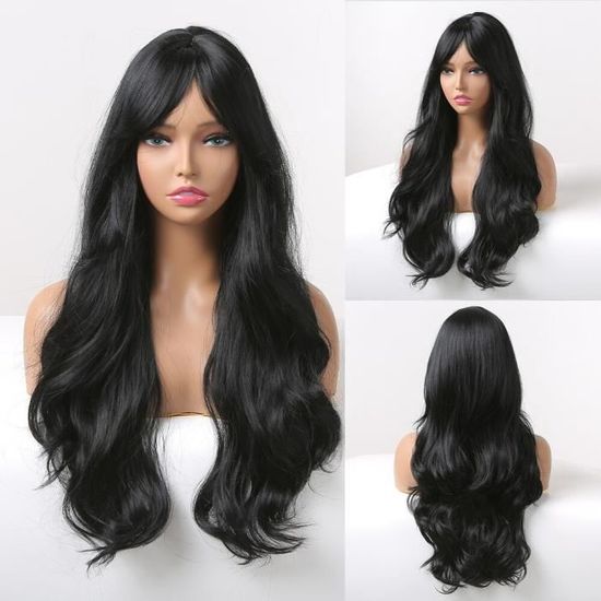 Perruque synthétique ondulée longue avec frange pour femmes, en fibre ...