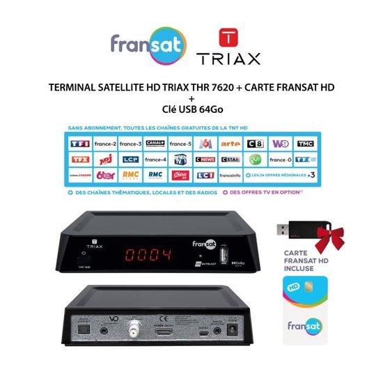 Pack TERMINAL SATELLITE HD TRIAX THR 7620 + CARTE FRANSAT HD + Clé USB ...
