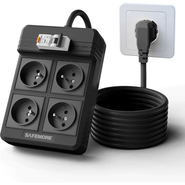 SAFEMORE Multiprise 4 prises avec disjoncteur différentiel 30mA, 3 m ...