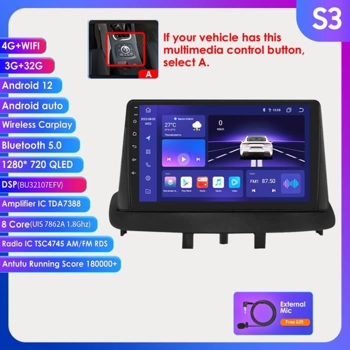 3G+32G Autoradio 2Din Android 12 pour Renault Megane 3 2008-2014 lecteur multimédia Carplay ...