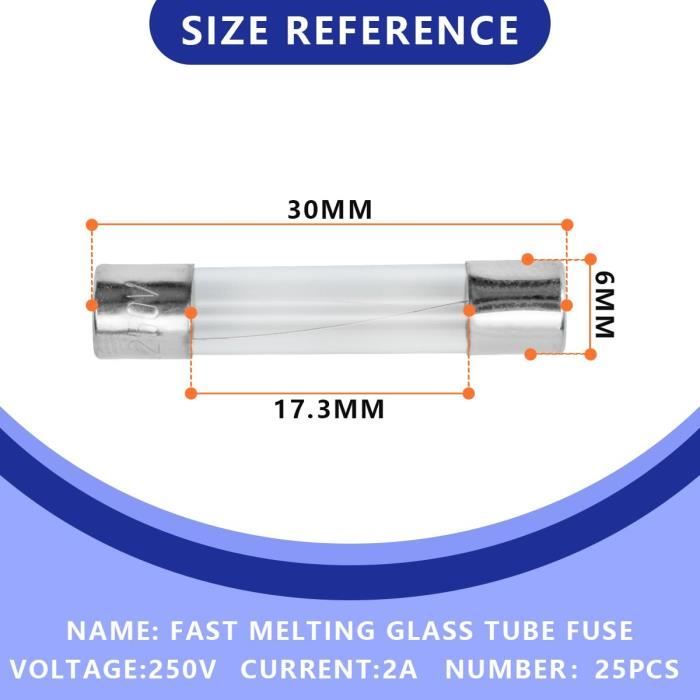 25Pcs Fusible En Verre À Fusion Rapide 6 * 30Mm 250V 2A Kit De Combinaison De Fusibles De Tube ...