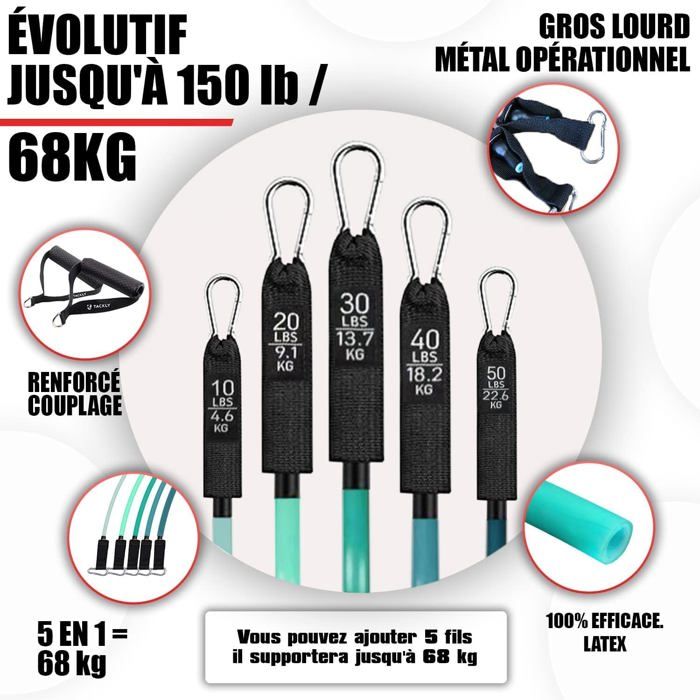 Caoutchouc lastique de musculation jusqu 150 LB68 kg avec accessoires de fitness - Kit de ...