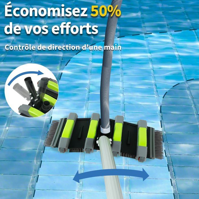 Balai aspirateur piscine 45cm roues, raccord 3.2/3.8cm, brosse latérale ...