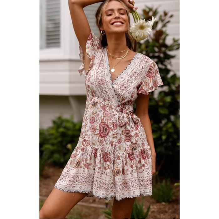 Femme Mini Robe Ete Bohème Robe de Vacances Robe de Plage Col V Florale Courte avec Ceinture ...