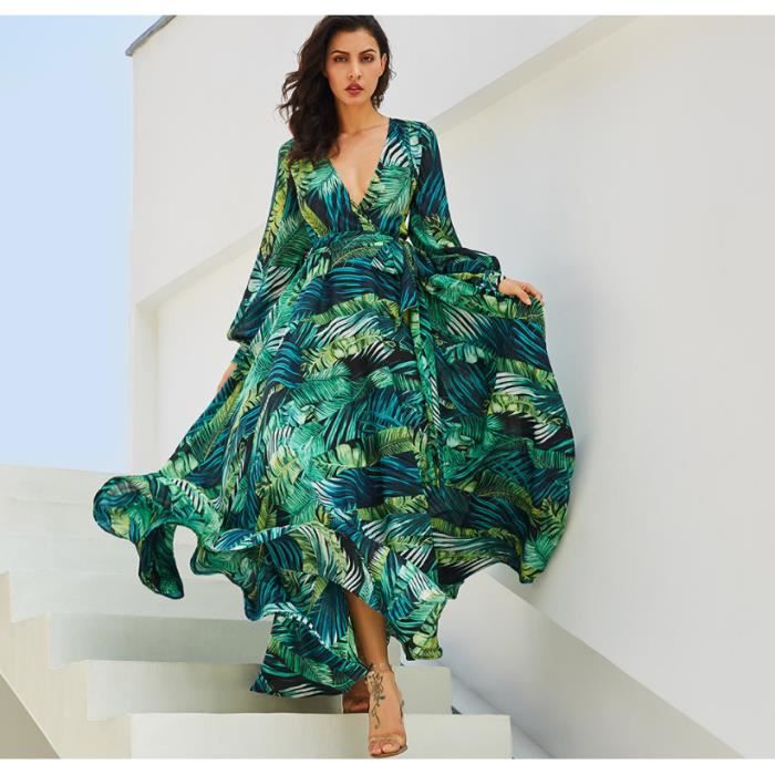 Robe Longue Bohème pour Femmes Col V Maxi Robe Taille Haute à Imprimé ...