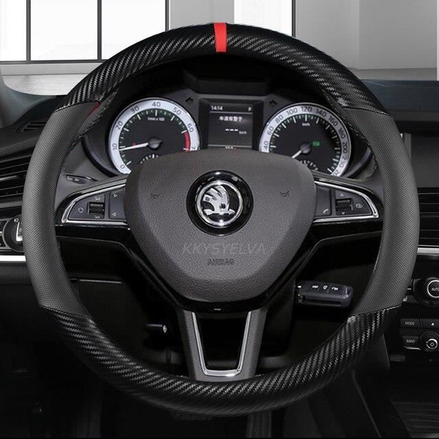 COUVRE-VOLANT,AO38CM--Couverture de volant de voiture en fibre de carbone et cuir PU, pour Skoda ...