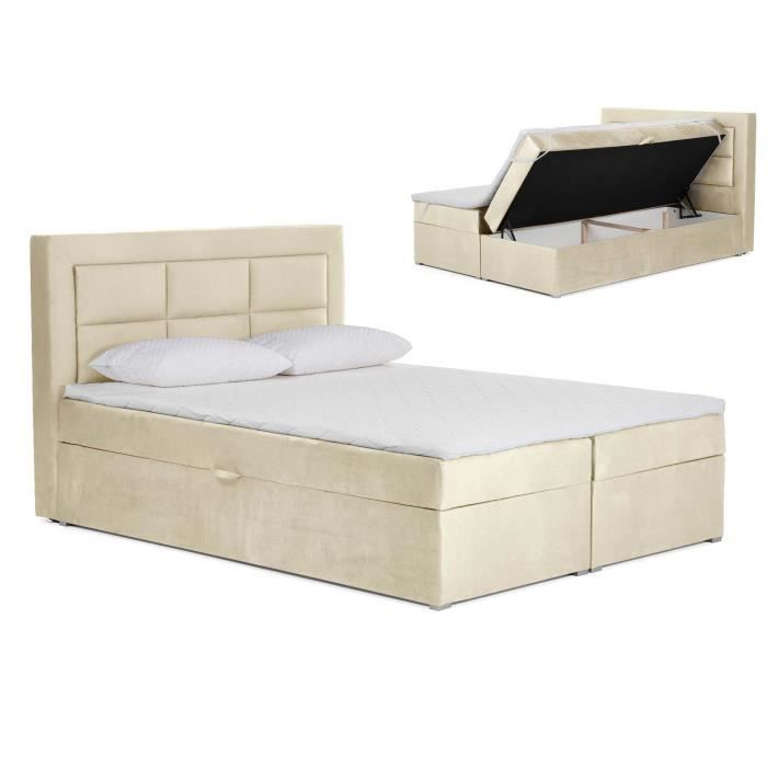 Lit boxspring 160x200 avec coffre de rangement en velours beige DAKOTA ...