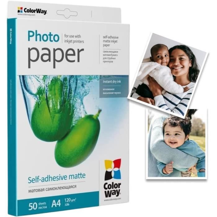 COLORWAY Papier photo mat autocollant 50 feuilles DIN A4 120g-m2 ...