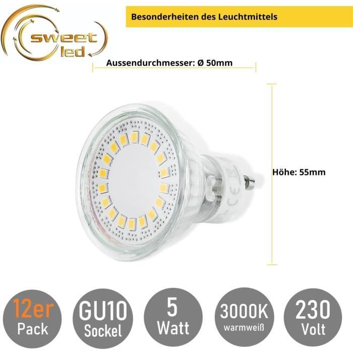 12X Ampoule Led 230V 5W, Luminaire Led En Verre Rond Avec Socle En ...