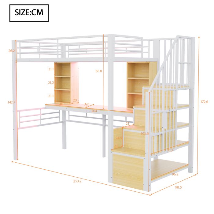 Lit mezzanine - KOMHTOM - 90x200 - Bureau intégré - Escalier à tiroirs ...