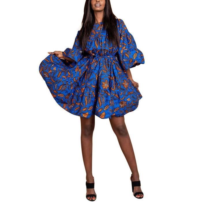 Femmes africaines imprimé ethnique robes à volants manches Patchwork ...