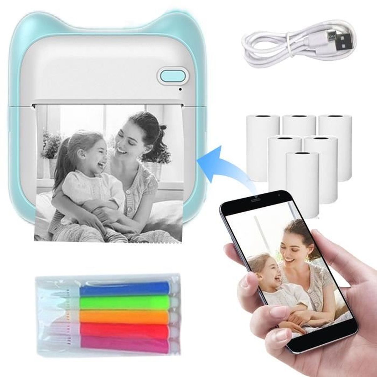 Mini Imprimante Bleu, imprimante thermique portable, avec rouleaux de ...