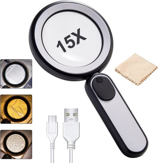 Loupe, loupe de lecture portable rechargeable 21 LED 15X avec 3 modes d'éclairage (noir) - Achat ...