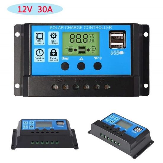 ZHITING 30A 12V - 24V Contrôleur de Charge-PWM-Régulateur de Panneau Solaire Port USB LCD ...