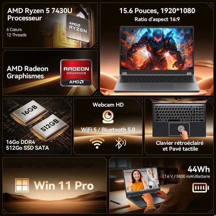 PC Portable 15,6" Écran Tactile 360° - AMD Ryzen5 7430U - 16Go RAM ...