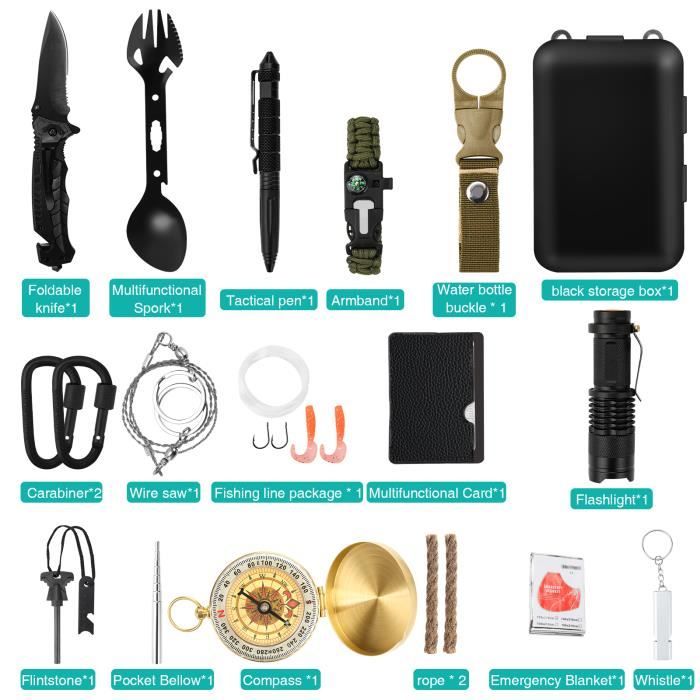 Kit de survie extérieur Kits de survie d'urgence 18 en 1 Kit de survie ...