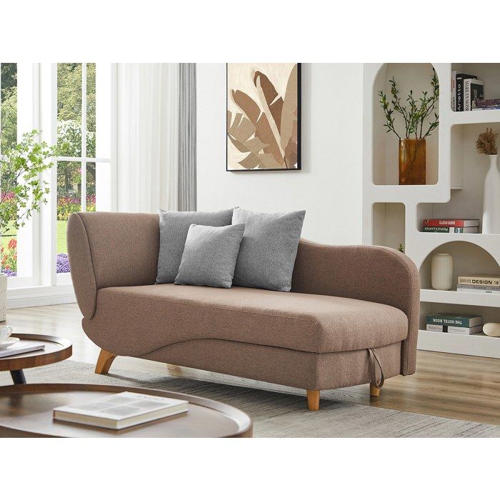 Méridienne droite convertible en tissu marron avec coffre de rangement ...