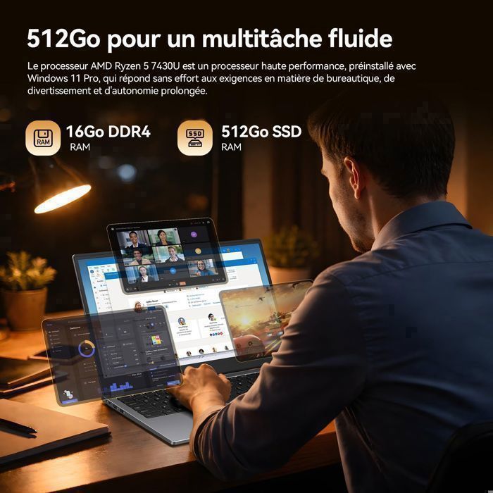 PC Portable 15,6" Écran Tactile 360° - AMD Ryzen5 7430U - 16Go RAM ...