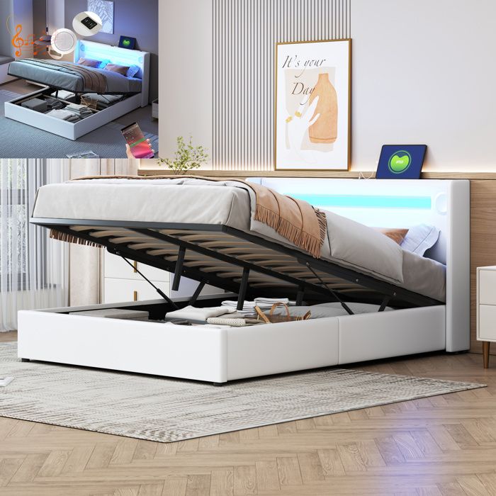 Lit 160x200 cm avec LED et port USB, lit coffre 160x200 cm avec sommier ...