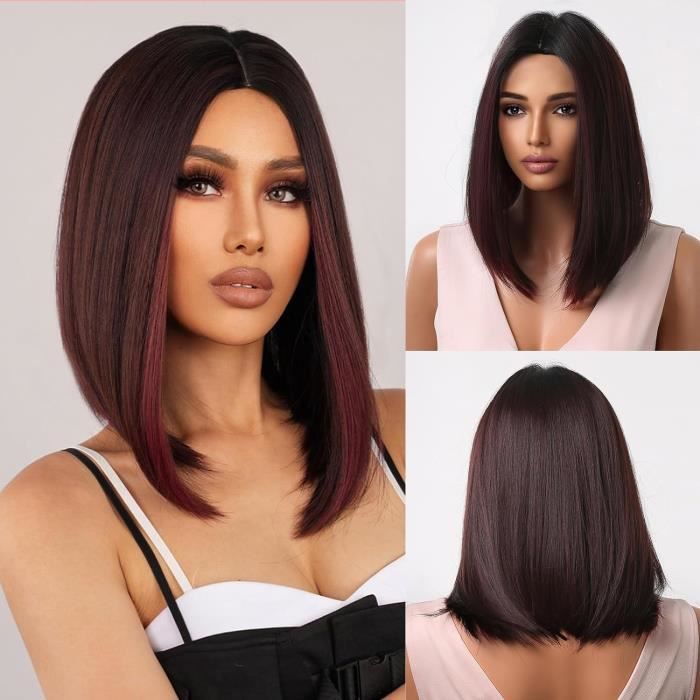 Perruque Bob Noire Rouge De 14 Pouces Pour Femmes Noires Courte Et Lisse Rouge Vin Noir Cheveux ...