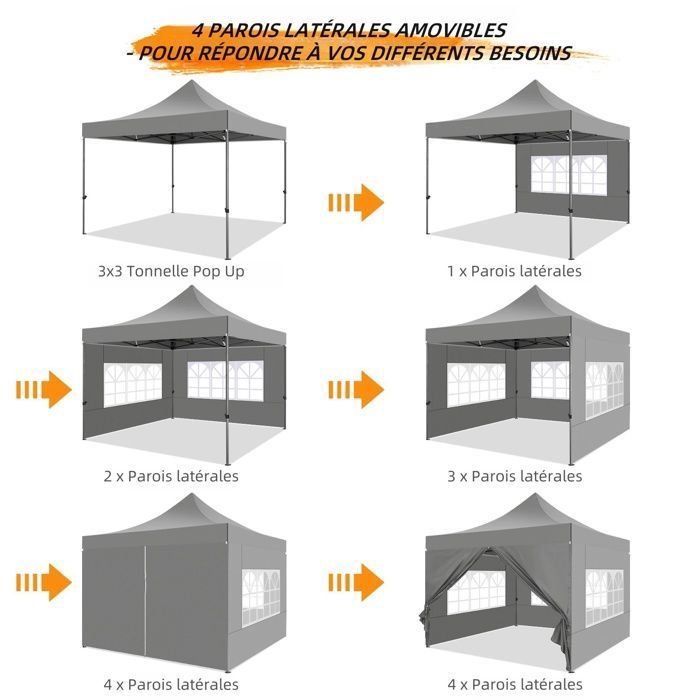 Tonnelle 3x3m Tonnelle Pliante de Jardin imperméable avec 4 côtés ...