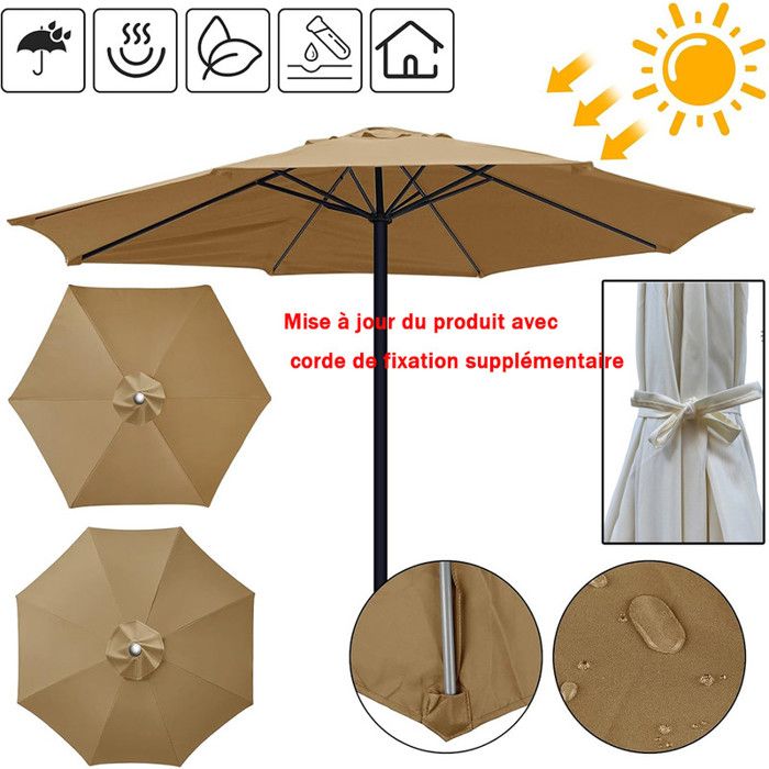 Toile de rechange pour parasol de terrasse, 3 m, 6 baleines,Kaki,Cadre ...