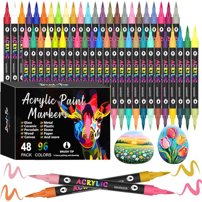96 Couleurs (48 Feutres Acryliques) Double Pointe à Pointe Pinceau ...