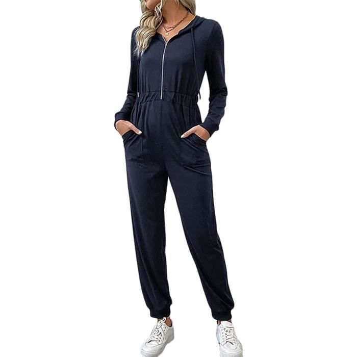 Combinaison Pantalon Femme Manches Longues Zippé Casual Sport Jumpsuit ...