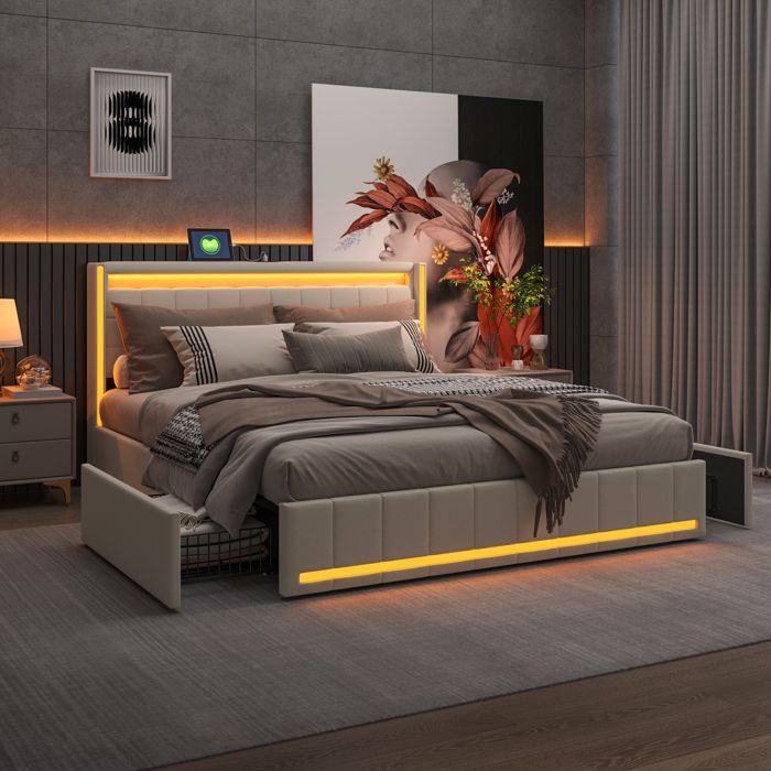 Lit Double 140x190 en Lin Beige avec LED, 4 tiroirs en métal, tête de ...
