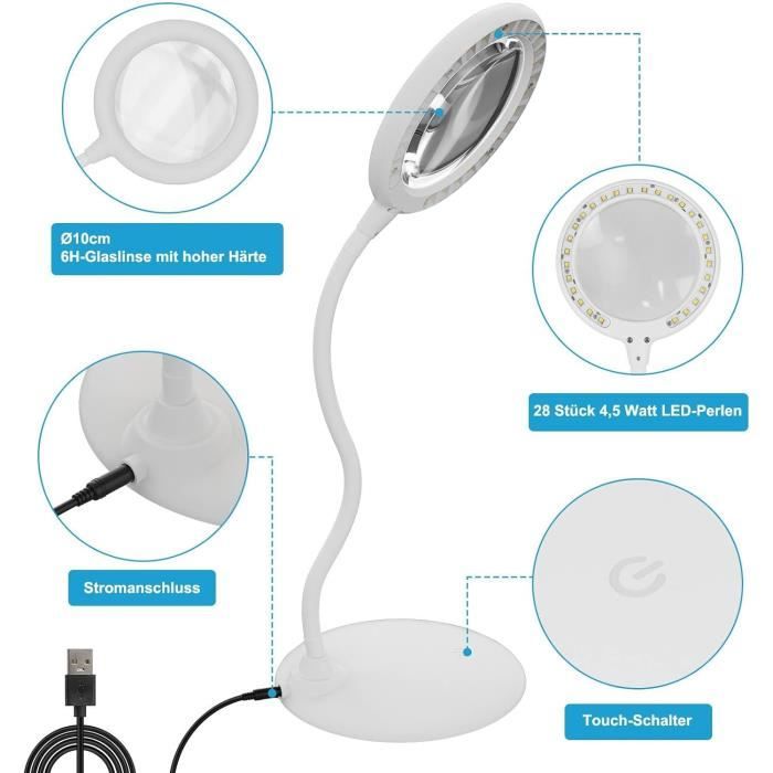 5X Lampe Loupe Sur Pied Usb, Loupe Eclairante Rechargeable, Lampe De Bureau Loupe Avec 3 Modes ...