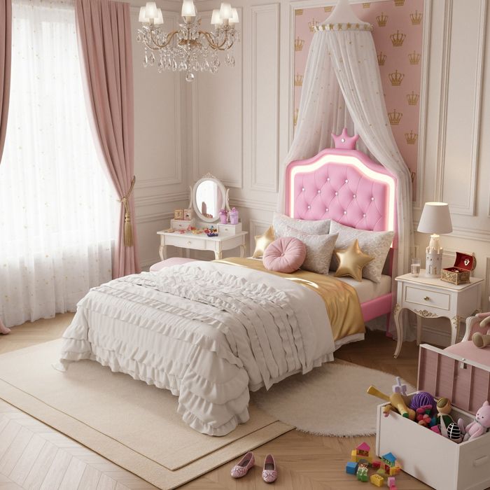 Lit fille 90x200cm avec LED, lit Enfant lit capitonné avec tête de lit ...