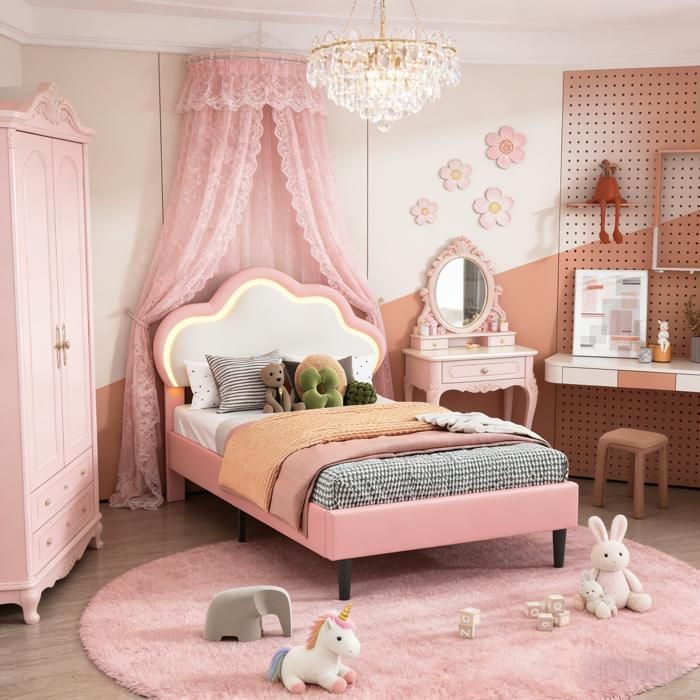 Lit pour Enfants 90x200 cm, Lit Fille avec Sommier et LED, Lit ...
