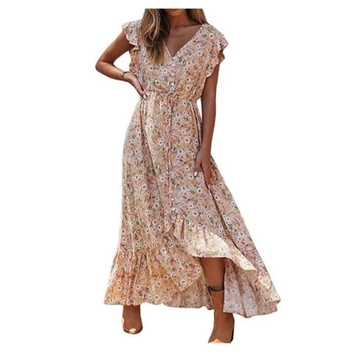 Robe Été Femme Bohème Imprimé Bouton Sans Manches Col V Robe De Plage ...
