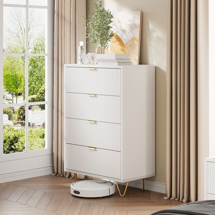 Commode 4 Tiroirs Blanche Effet Ondulé avec Pieds en Métal Doré - Style ...