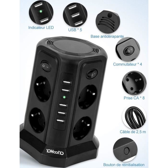 Tour Multiprise Parasurtenseur Parafoudre Avec 8 Prises Electrique Et 5 ...