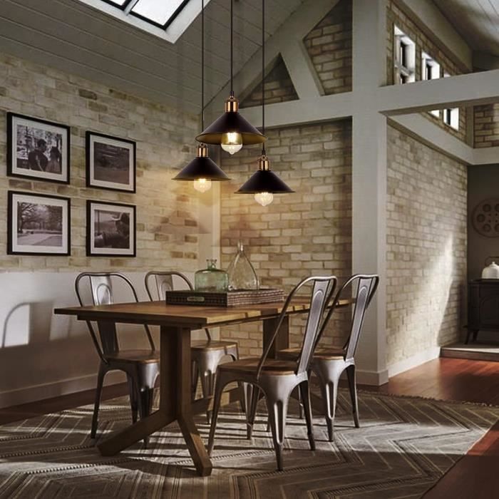 Noir Industriel 3 Lumières Rétro Design Doré Suspension Loft Fer Abat ...