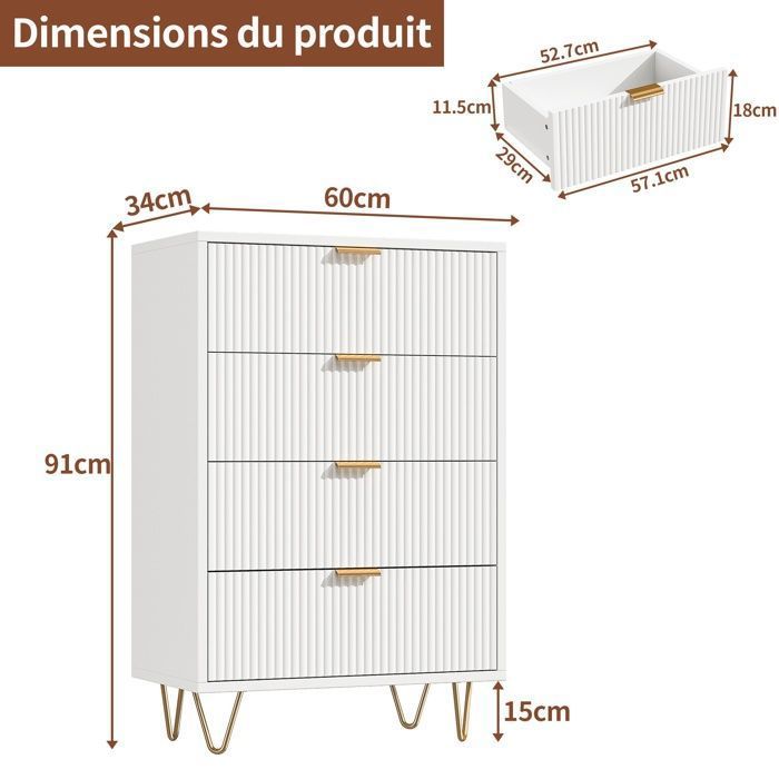 Commode 4 Tiroirs Blanche Effet Ondulé avec Pieds en Métal Doré - Style ...