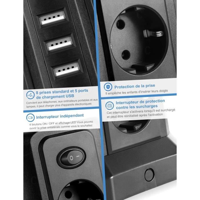 Tour Multiprise Parasurtenseur Parafoudre Avec 8 Prises Electrique Et 5 ...
