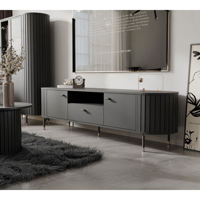 Meuble TV SENTO - 180x40x49 cm - 2 portes et tiroir - Noir - Cdiscount ...