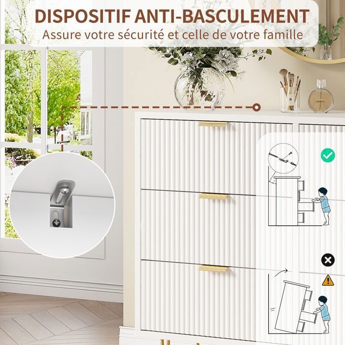 Commode 4 Tiroirs Blanche Effet Ondulé avec Pieds en Métal Doré - Style ...