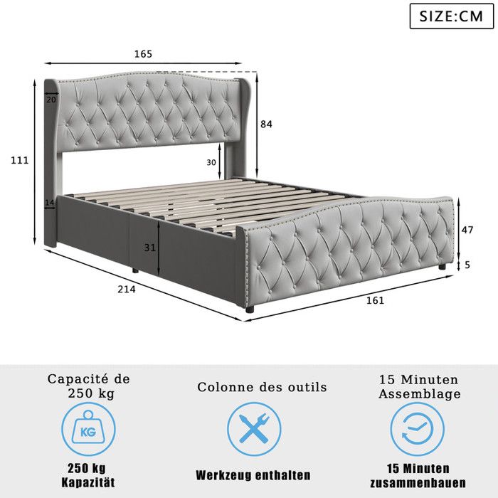Lit coffre capitonné 160x200 cm–Lit double pour adulte de 160 x 200 ...