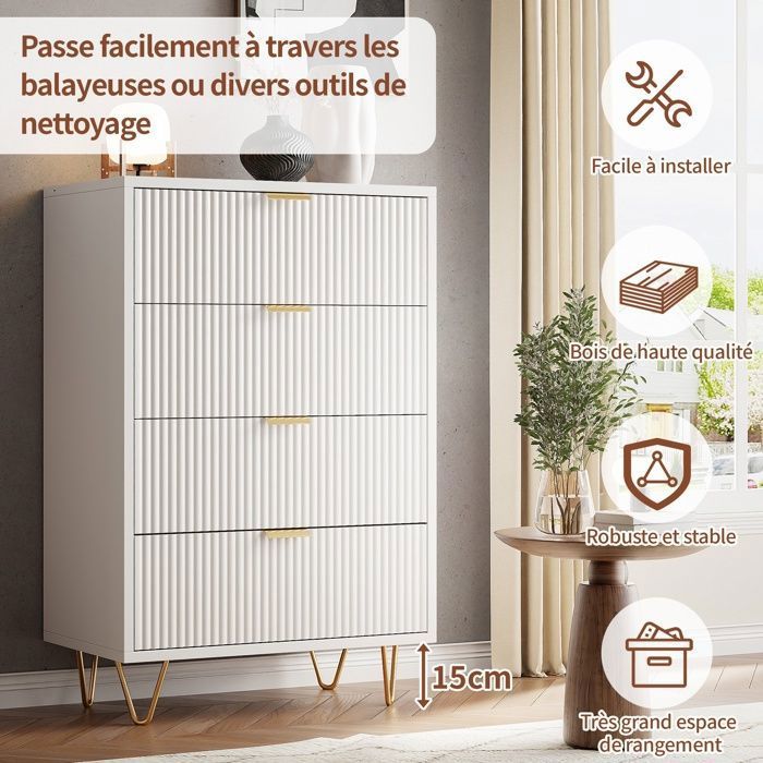 Commode 4 Tiroirs Blanche Effet Ondulé avec Pieds en Métal Doré - Style ...