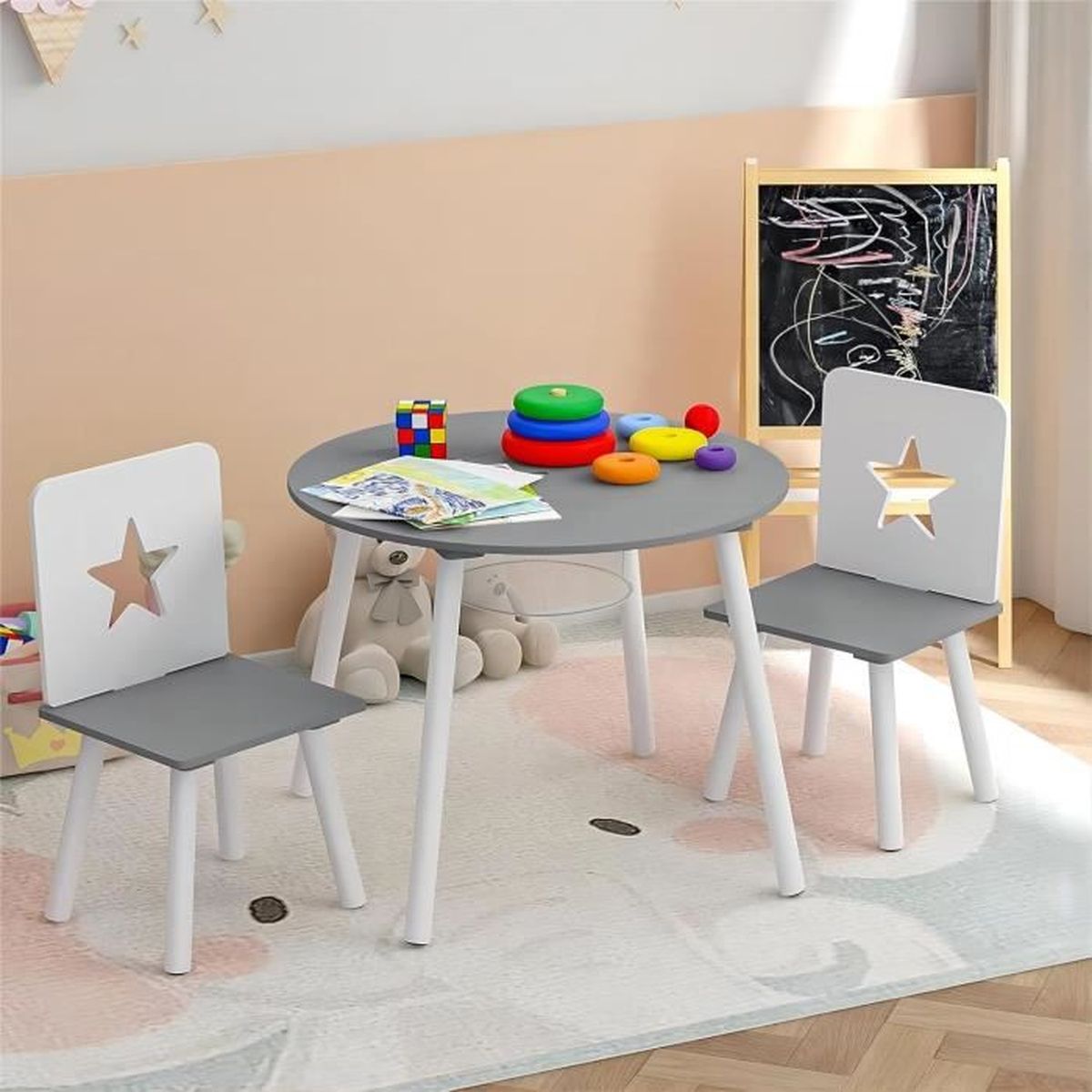 WOLTU Combinaison de table et chaises avec espace de rangement en bois de pin massif,1 x table ...