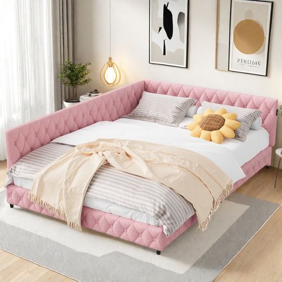 Lit double 140x190 cm, lit plat avec dossier moelleux, sommier à lattes ...