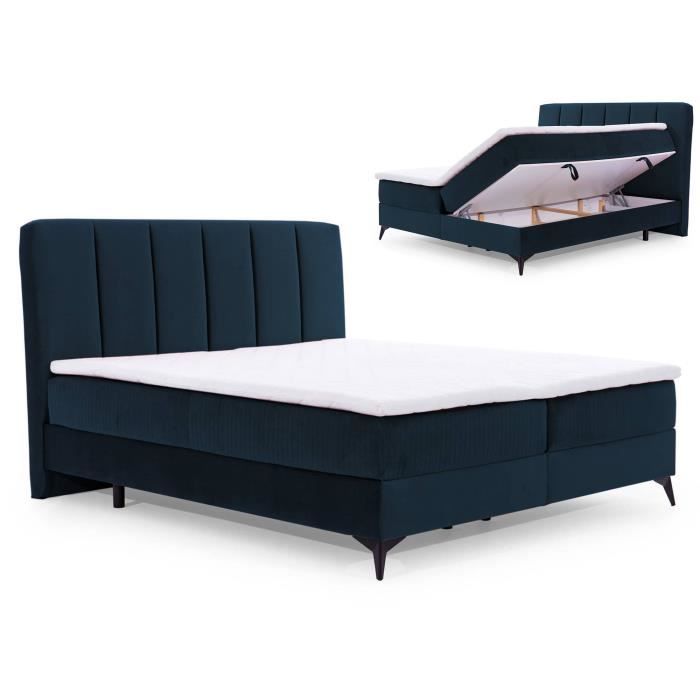 Lit boxspring 160x200 avec coffre de rangement en velours bleu foncé ...