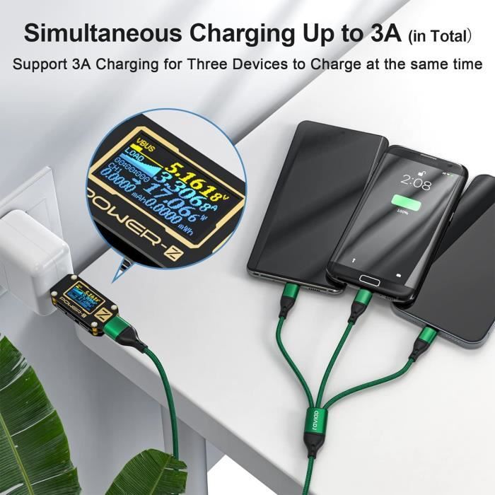 Câble Multi USB, 3 en 1 Multi Chargeur USB Câble en Nylon Tressé avec Micro USB Type C Lightning ...